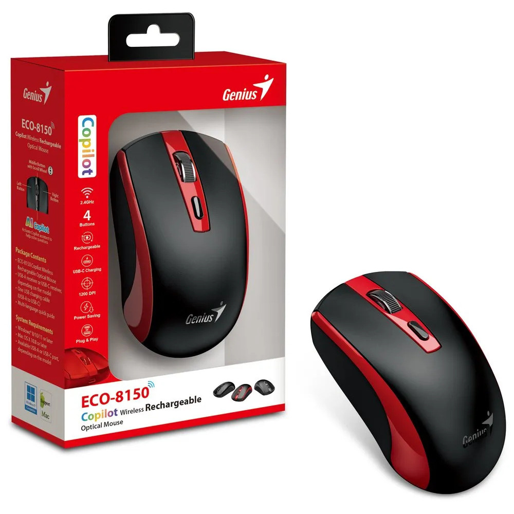 MOUSE INALAMBRICO RECARGABLE ROJO GENIUS ECO-8150 WIRELESS 4BOTONES 1200DPU